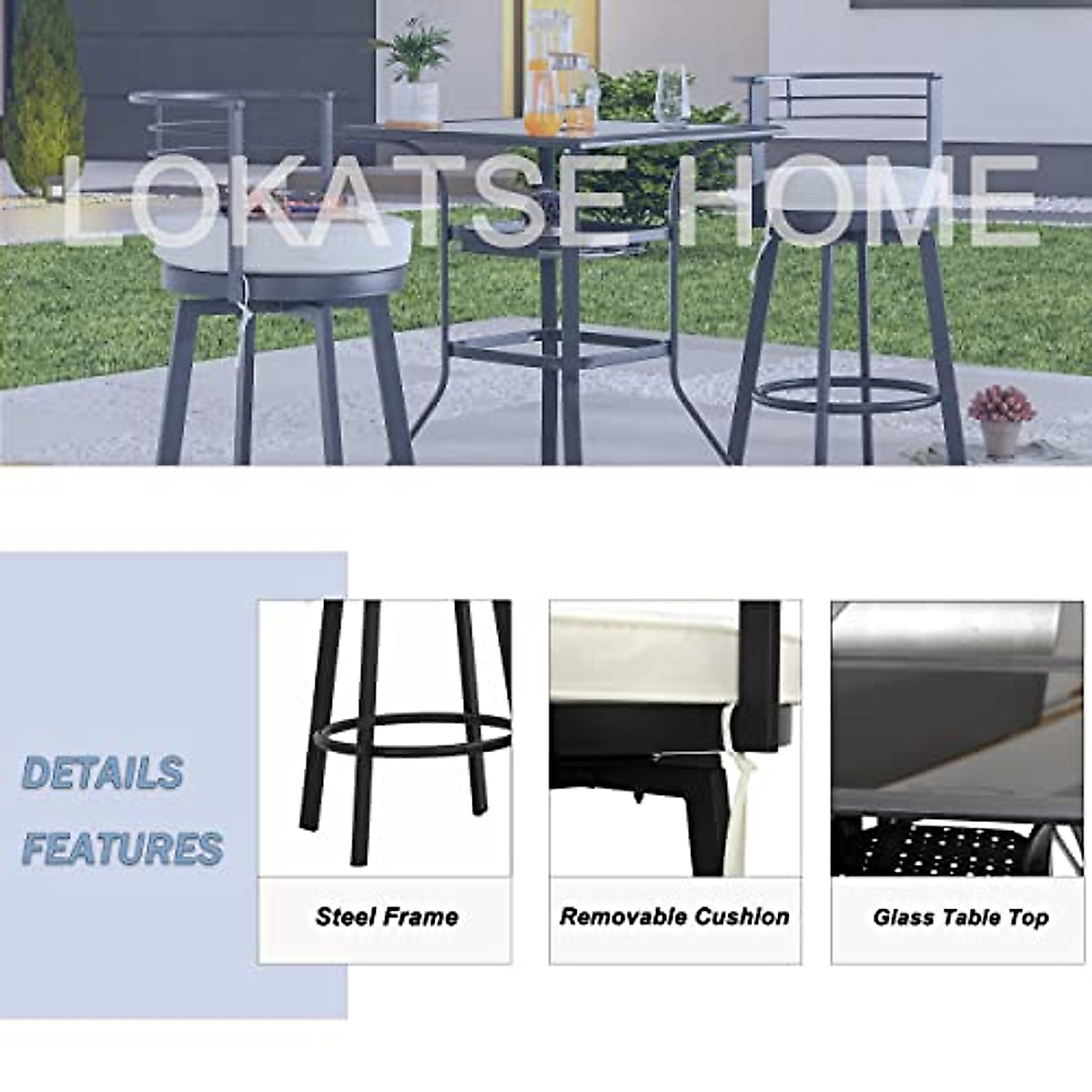 LOKATSE HOME 5 Piece Outdoor Dining Set Chairs and Square Bar Table for Backyard, Porch or Garden, Beige