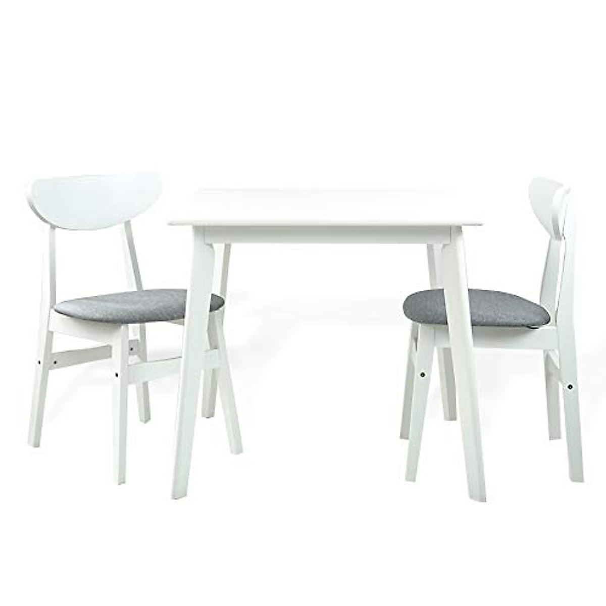 Wickerix Dining Room Set of 2 Yumiko Chairs and Square Dining Table Kitchen Modern Solid Wood w/Padded Seat, White Color with Light Gray Cushion