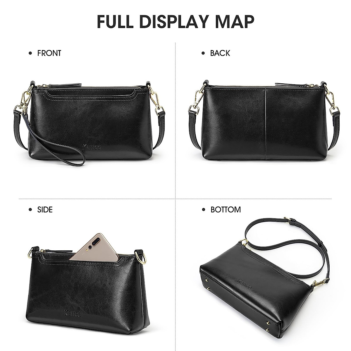 Kattee Leather Crossbody Bags for Women Trendy, Small Shoulder Purses and Handbags, Wristlet Clutch Wallet with 2 Straps