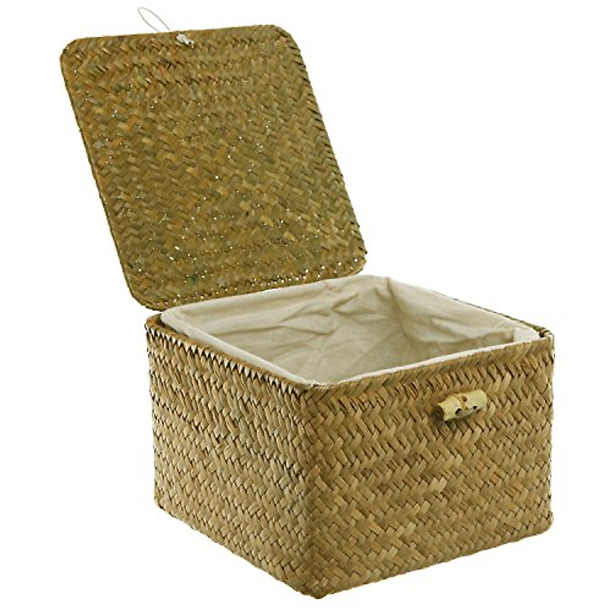 MyGift Decorative Handwoven Rattan Small Storage Basket with Lid and Removable Fabric Liner