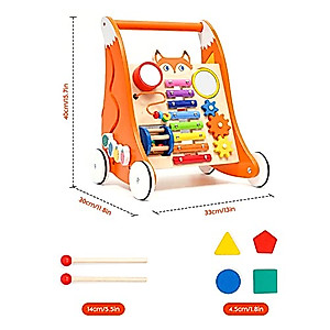 Wooden Baby Walker Baby Push Walker with Multiple Entertainment Activity Center, Sit-to-Stand Learning Baby Walkers for 1 Year Old Boys Girls Infants