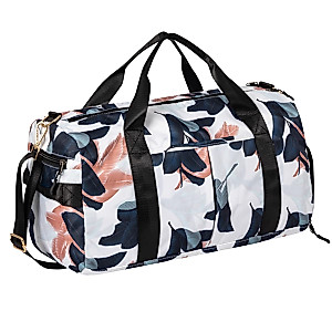 Gym Bag for Women with Shoe Compartment and Wet Pocket | Durable Lightweight Gym Duffle Bag with Motivational Quote and Graphic Designs | Great for Exercise and Overnights | White/Navy - Guava Leaf