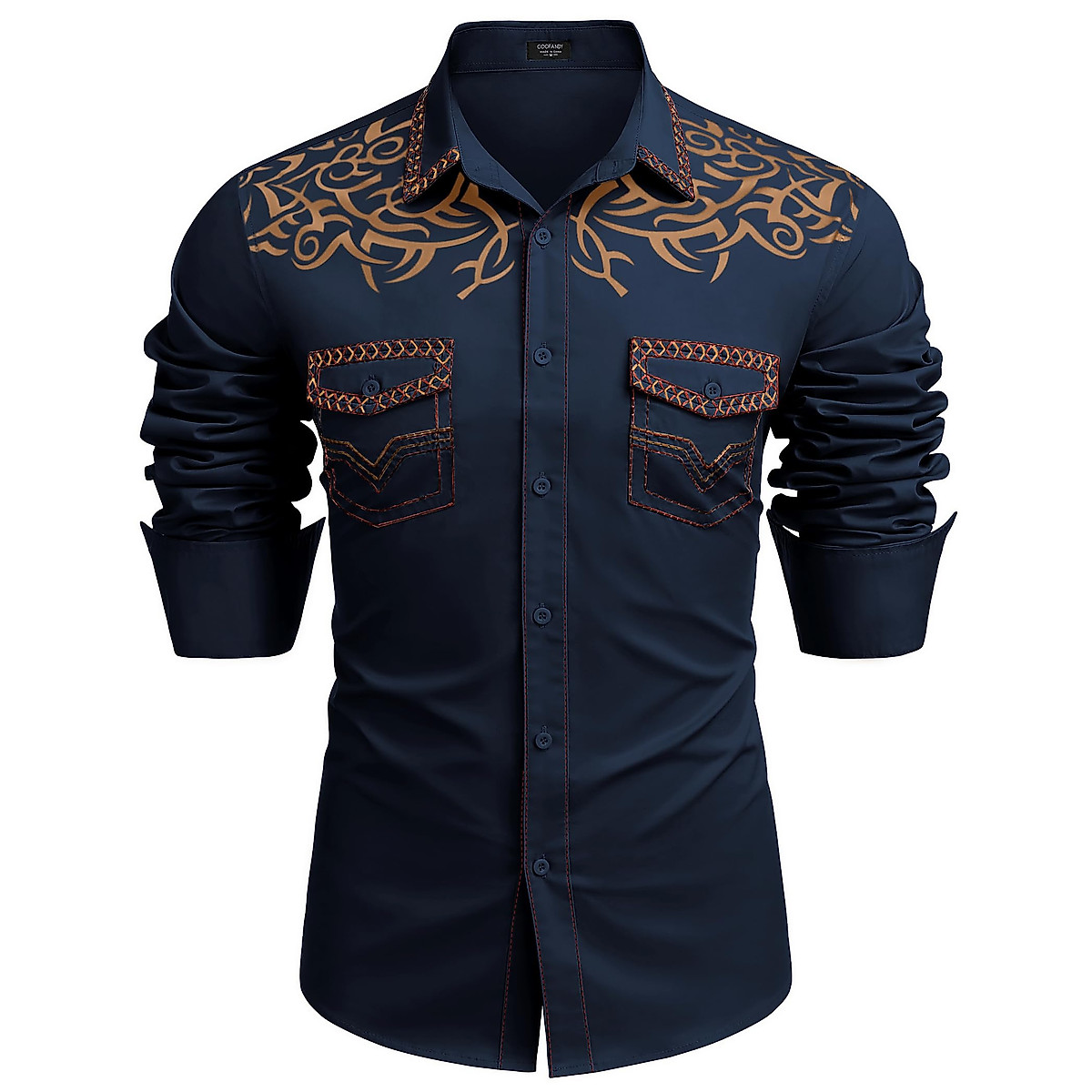 COOFANDY Western Shirts for Men with Snap Buttons Regular Fit Printed Mens Long Sleeve Shirts Casual Blue Large