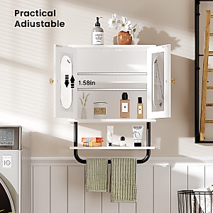 Creso hom Medicine Cabinet, Wood Bathroom Wall Cabinet with Adjustable Shelf and Hooks, Towel Bar, 3 Tier Bathroom Cabinet Wall Mount Storage Cabinets for Living Room, Bedroom, Kitchen, White