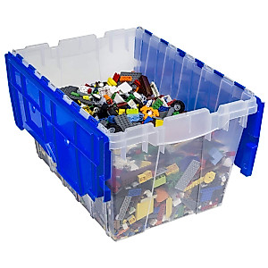 Akro-Mils 12-Gallon Plastic Stackable Storage KeepBox Tote Containers with Attached Hinged Lid