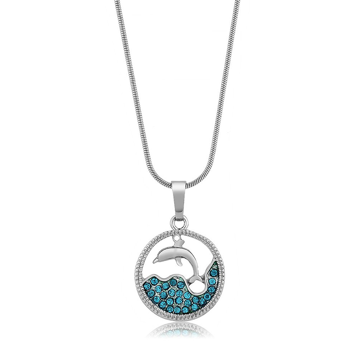 Gem Stone King Stunning Dolphin and Sea in a Circle with Blue Crystals Pendant 16 Inch Chain
