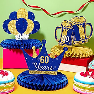 8 Pieces Gold and Blue 60th Birthday Table Centerpieces, 60th Birthday Honeycomb Table Centerpieces, 60th Birthday Table Decorations Birthday Party Supplies for 60th Table Birthday Decorations