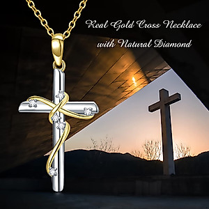 SISGEM Real Gold Diamond Cross Necklace for Women,10K Yellow/White Gold Religious Cross Pendant Necklace Genuine Diamond Cross Jewelry Gifts for Birthday Christmas 16+1+1 inch
