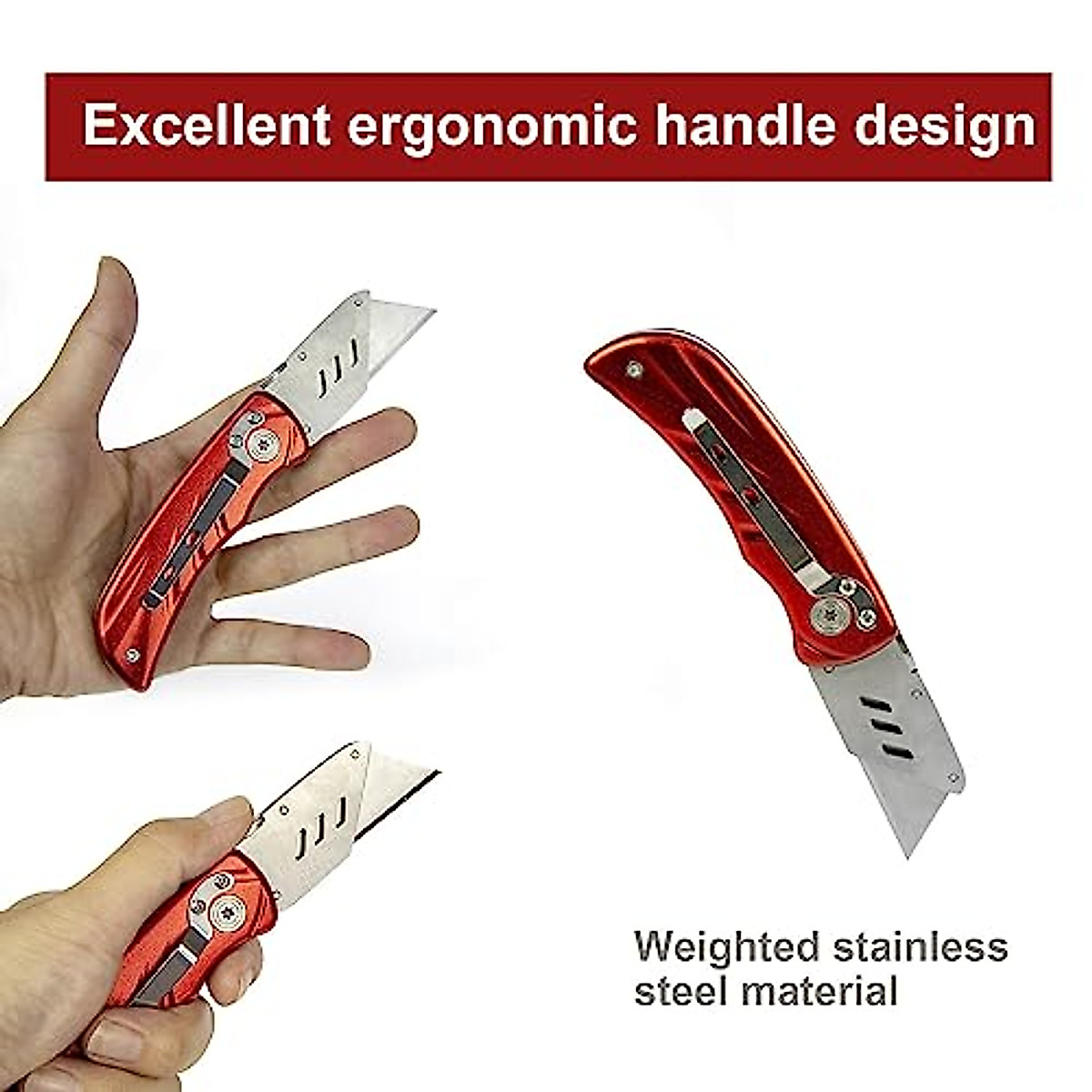 Folding Utility Knife/Box Cutter Stainless Steel with Clip + Nylon Pouch + 5 Extra SK5 Blades Red
