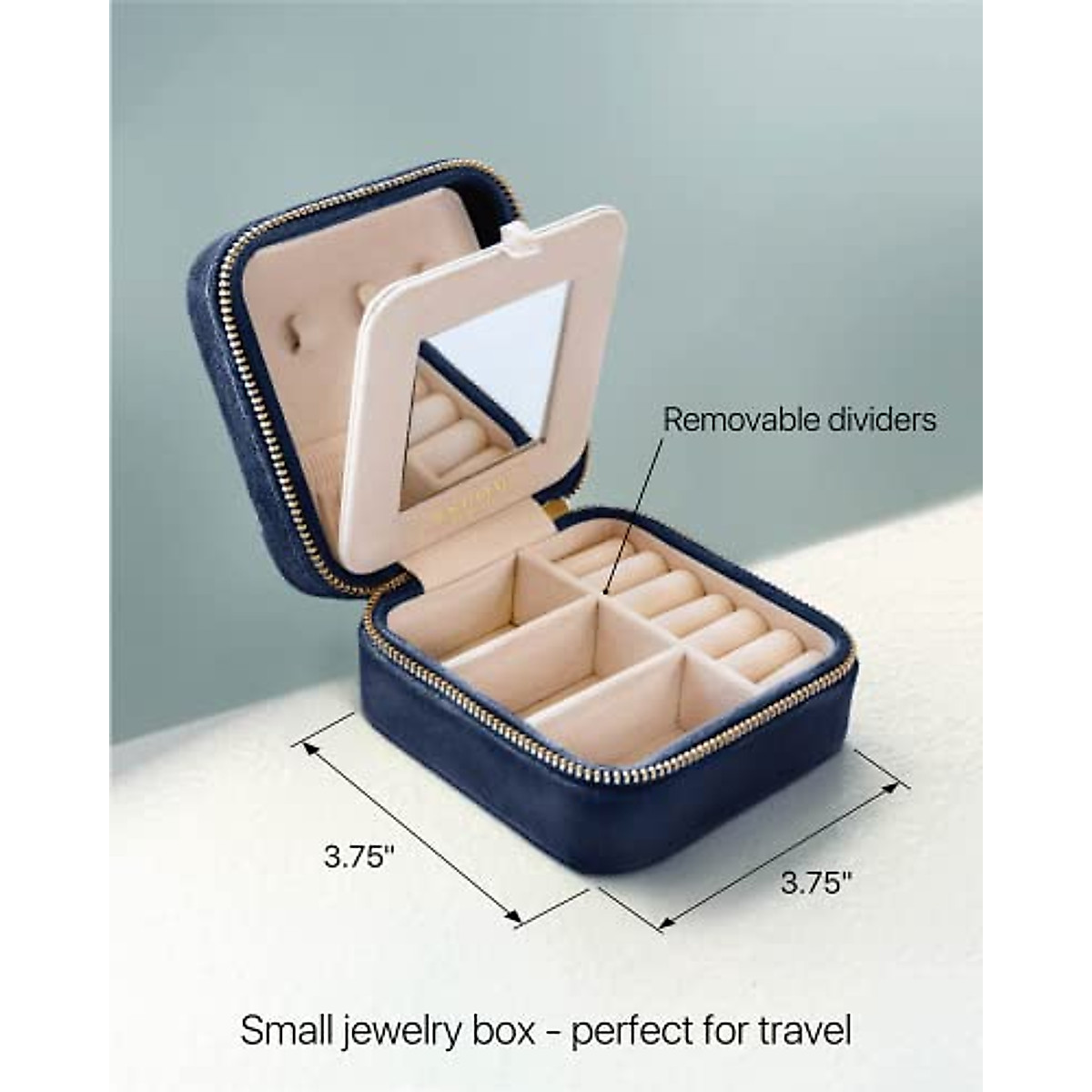 Plush Velvet Travel Jewelry Box Organizer | Travel Jewelry Case, Jewelry Travel Organizer | Small Jewelry Box for Women, Jewelry Travel Case | Earring Organizer with Mirror - Navy Blue