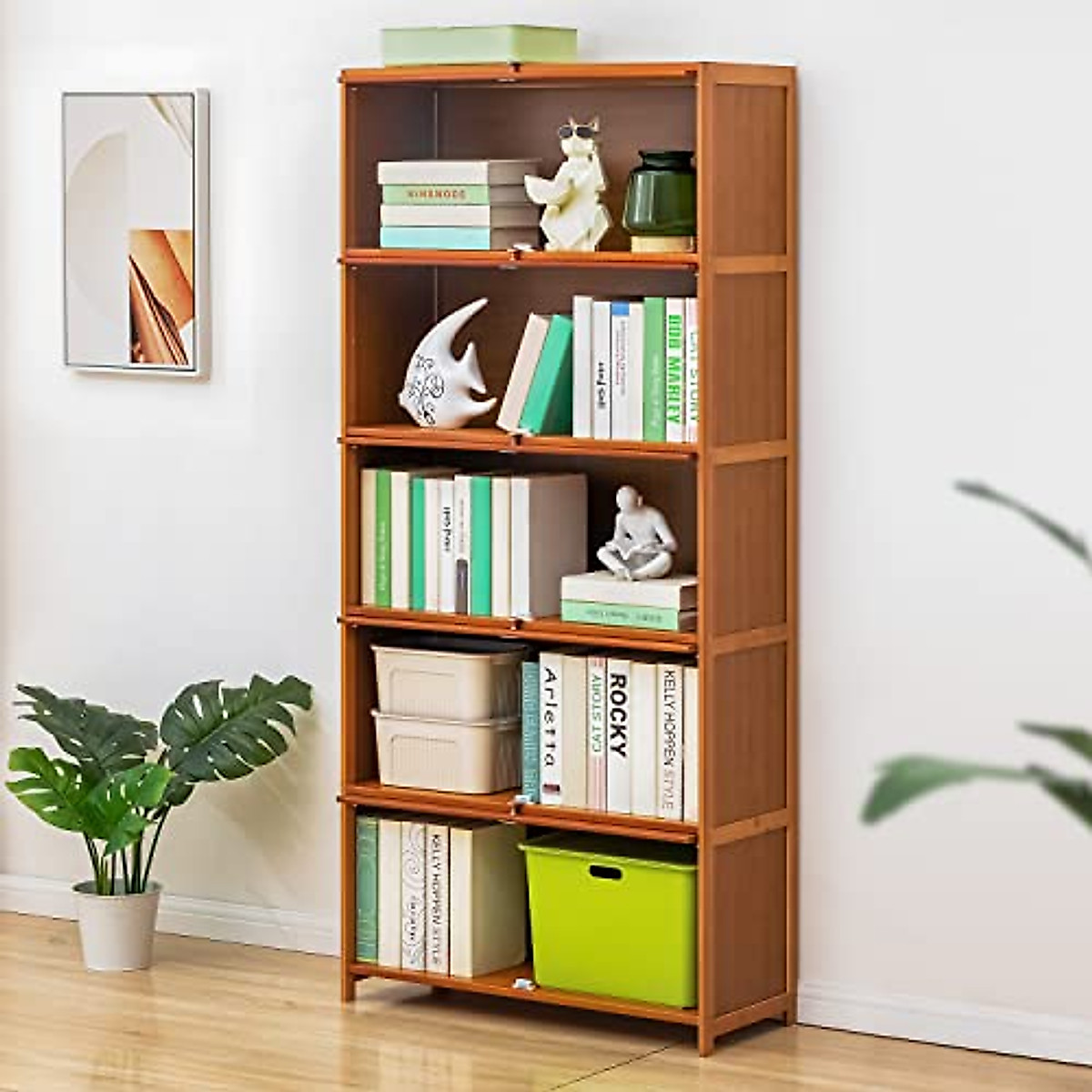 MoNiBloom 5 Tier Book Cabinet with Acrylic Doors, Bamboo Display Shelf Organizer Stand for Children's Student, Living Room, Home, Office, Brown