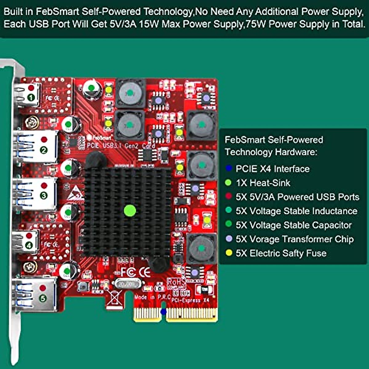 FebSmart 2X USB-C & 3X USB-A 10Gbps Ports PCIE USB 3.1 GEN2 Card for Windows 11, 10, 8.x, 7(32/64bit), Windows Server, MAC OS and Linux Desktop PCs, Built in Self-Powered Technology (FS-A3C2-Pro)