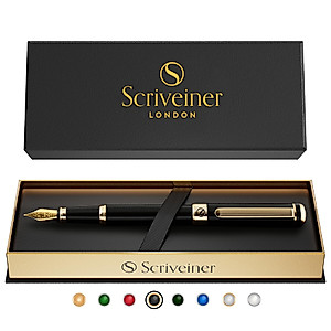 Scriveiner Luxury Fountain Pen - Stunning Black Lacquer Pen, 24K Gold Finish, Schmidt 18K Gilded Nib (Medium), Converter, Best Pen Gift Set for Men & Women, Professional, Executive, Office, Nice Pens