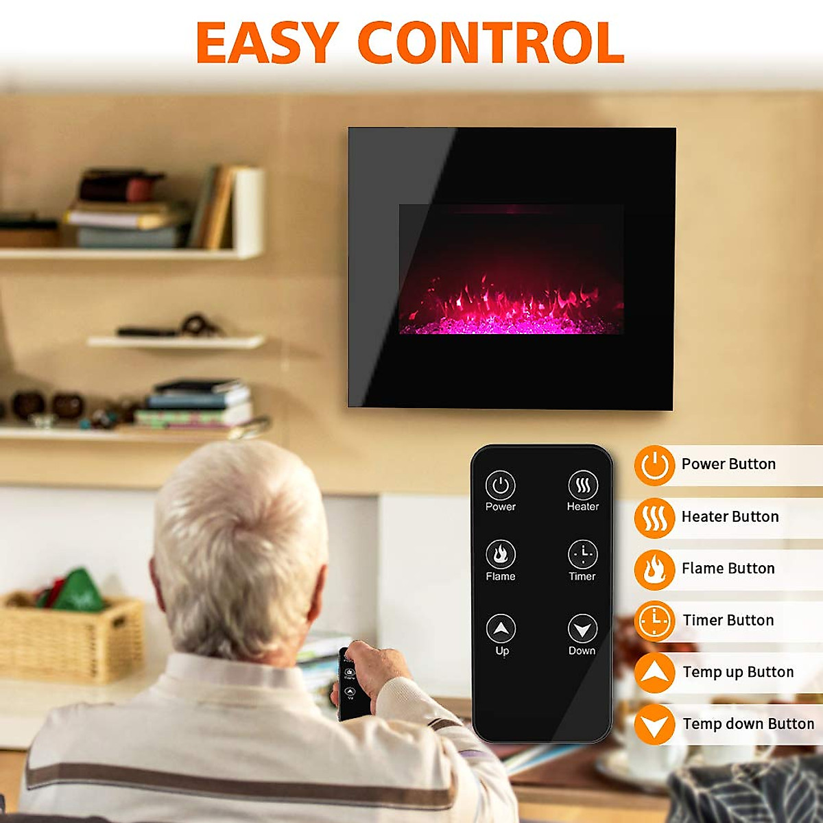 LifePlus Electric Fireplace Heater, 26 Inch Glass Fireplace Heater with Wall Mounted and Freestanding, Adjustable 10 Flame LED Colors, Log & Crystal Hearth Options, Remote Control, 12H Timer