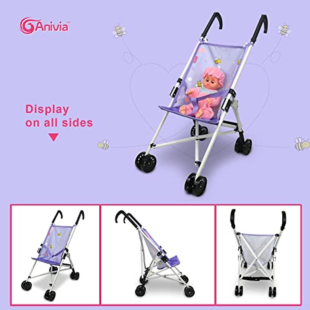 Anivia Baby Doll Collection Doll Stroller Heart Design Gifts for Toddlers and Girls Foldable Doll Stroller