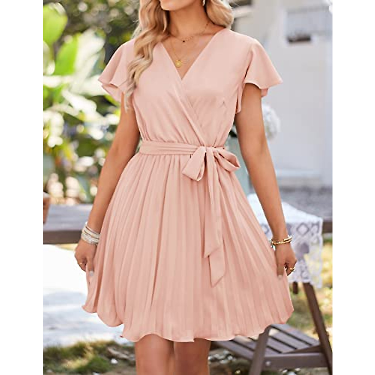 ZESICA Women's Wrap V Neck Mini Dress 2023 Summer Flutter Sleeve Tie Waist Pleated A Line Swing Wedding Party Short Dresses,LightPink,Medium