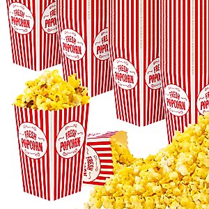 [50 Pack] Movie Theater Popcorn Boxes Disposable Red & White Striped - 30 oz Capacity - Vintage Snack Box Concession and Carnival Party Supplies, Individual Popcorn Bucket Containers