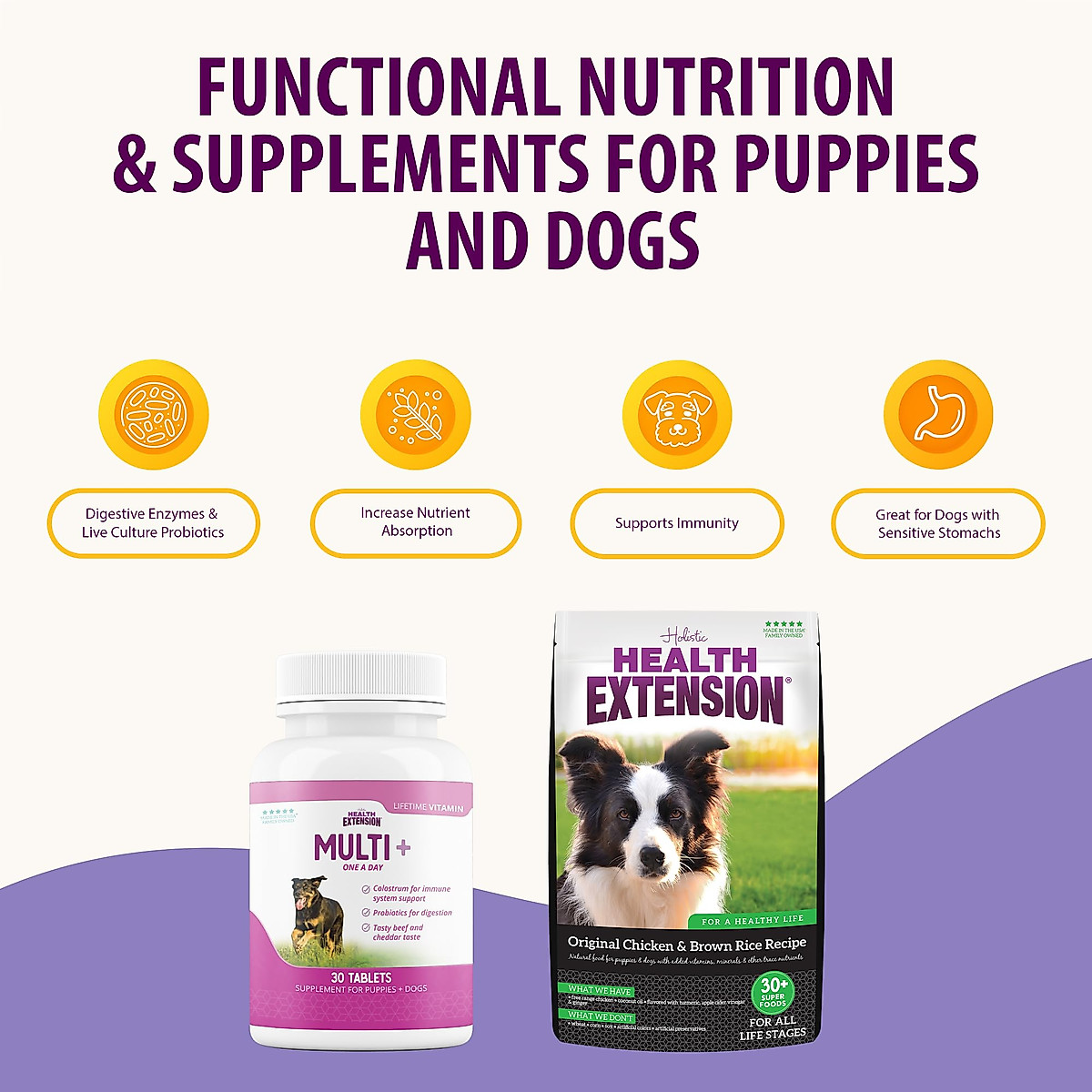 Health Extension Bundle - Dry Dog Food Chicken & Brown Rice Recipe (4 lbs) & Multivitamin (30 Tablets) - High-Protein, Balanced Nutrition for Dogs of All Life Stages