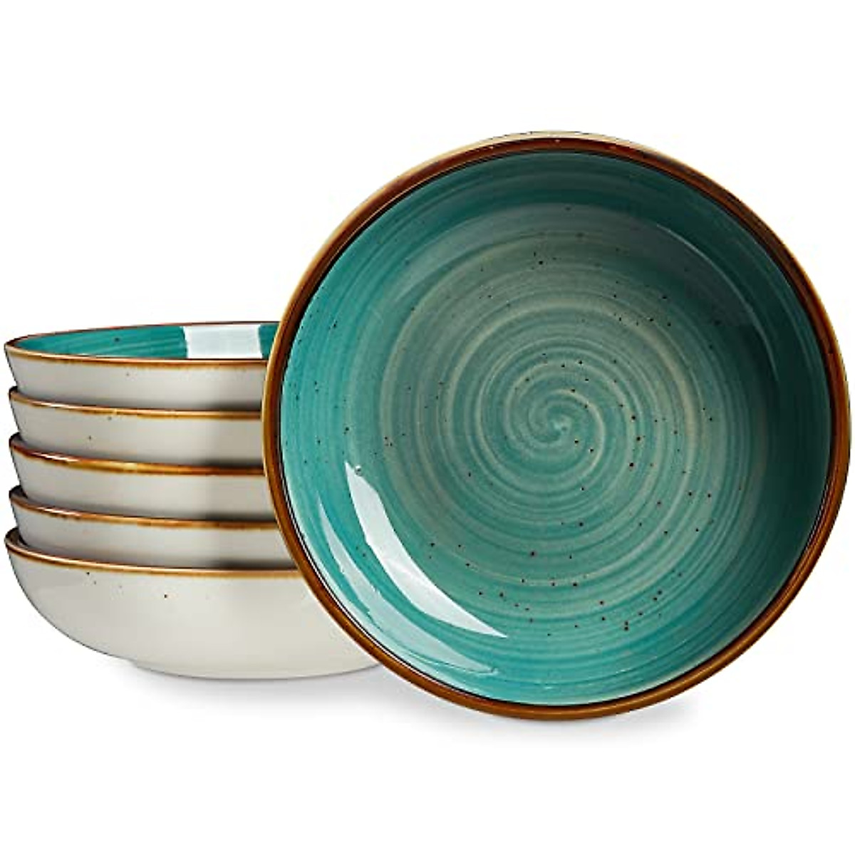 ONEMORE Porcelain Salad Pasta Bowls 30 Ounce, Set of 6 Ceramic Salad Dinner plates Bowls, Shallow & Wide Serving Bowls for Soup, Dessert, Pizza. Microwave & Dishwasher Safe Kitchen Dinnerware, Teal