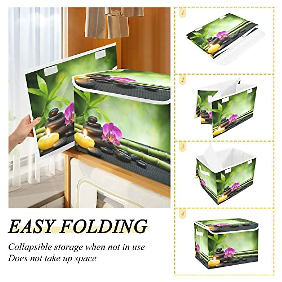 innewgogo Bamboo Mat with Flower Stone Storage Bins with Lids for Organizing Foldable Storage Bins with Handles Oxford Cloth Storage Cube Box for Bed Room