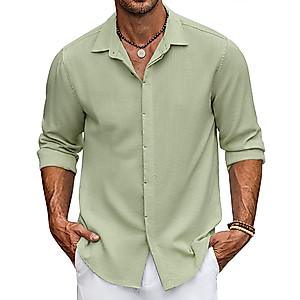 COOFANDY Men's Beach Shirt Button Up Shirts Casual Long Sleeve Slim Fit Summer Shirts Light Green