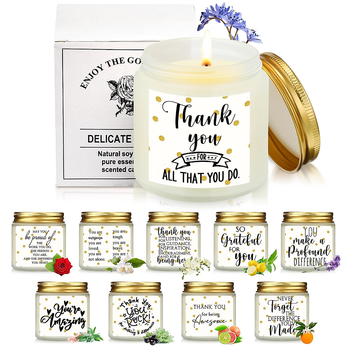 Roowest 10 Jars Christmas Thank You Candles Bulk 3.5 oz Thank You Gifts Bulk Soy Wax Jar Inspirational Candle Employee Appreciation Gifts for Coworkers Team Women Teacher(White,Polka Dot Style)