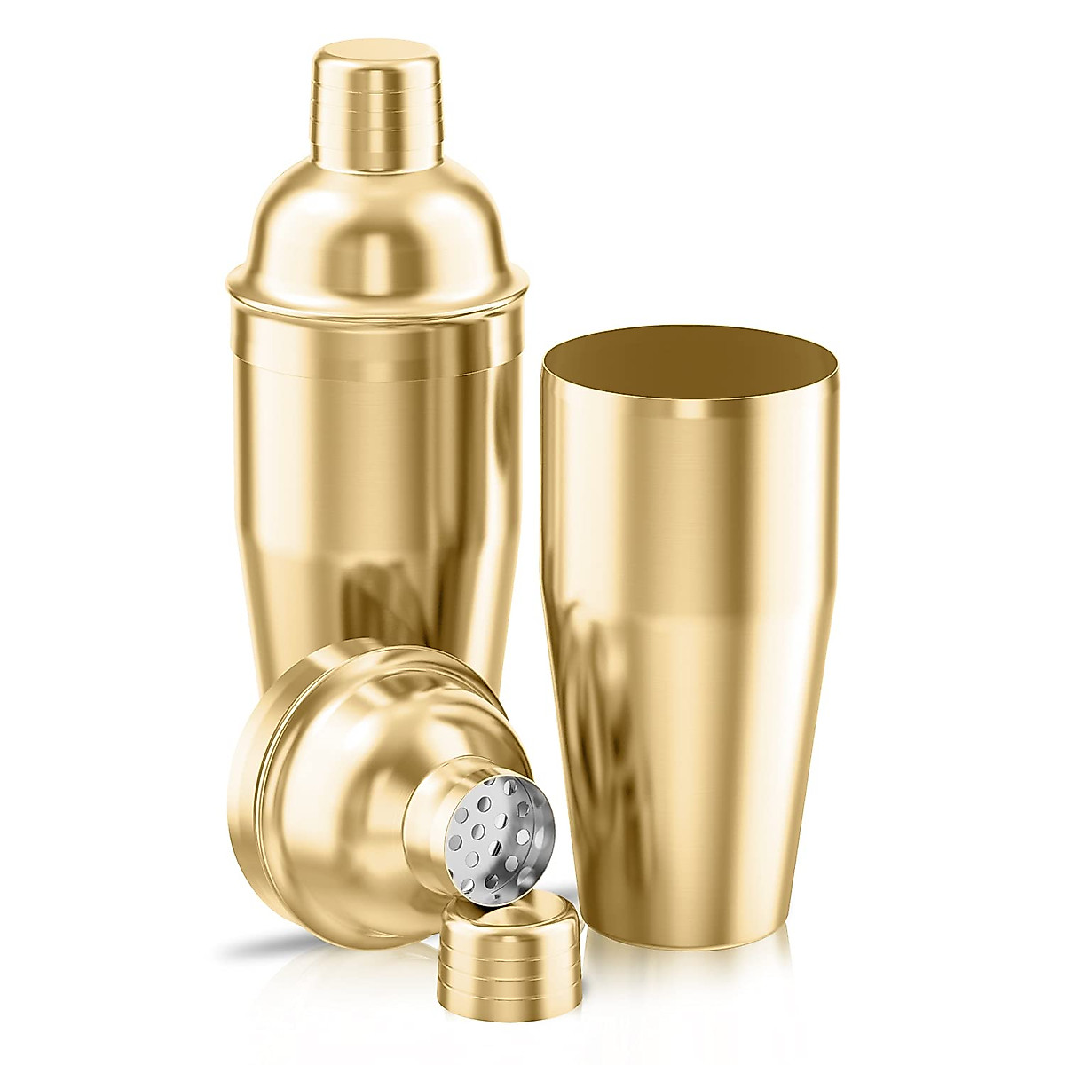 LUCKYGOOBO Cocktail Shaker with Double Measuring Jigger,18/8 Stainless Steel 24oz Martini Shaker Set,Drink Shaker Built-In Strainer,Bartender Kit. (Gold)