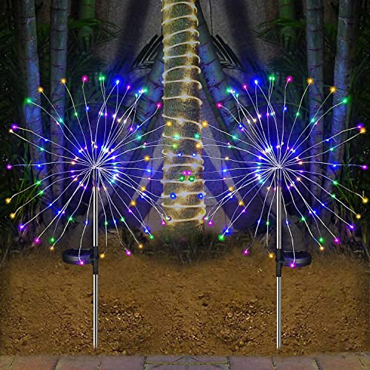 Honche Solar Garden Lights Outdoor Waterproof, LED Firefly Starburst Firework Light for Pathway Patio Lawn Backyard Flowerbed Party Christmas Decorations with 120 LEDs 8 Mode 2 Pack RGB Oval