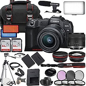Canon EOS R8 Mirrorless Camera w/RF 24-50mm f/4.5-6.3 is STM Lens + 2X 64GB Memory + Case + Microphone + LED Video Light + More (35pc Bundle)