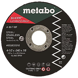 Metabo - Application: Steel/Stainless Steel - Slicer Wheel Promo Tin, 4.5"X.040x7/8 A60T, Pk 10 (655832010), Type 1 "Slicer" Wheels