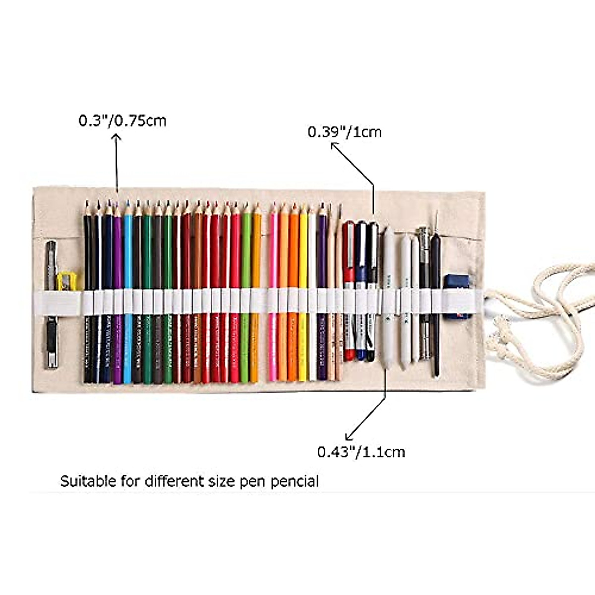Creative Canvas Roll Up Pencil Case Large Capacity Pen Pencil Pouch Holder Color Pencils Wrap Stationery Case Pencil Organizer for Student Artist Traveler Gifts 36/48/72 Slots (48Slots, White)