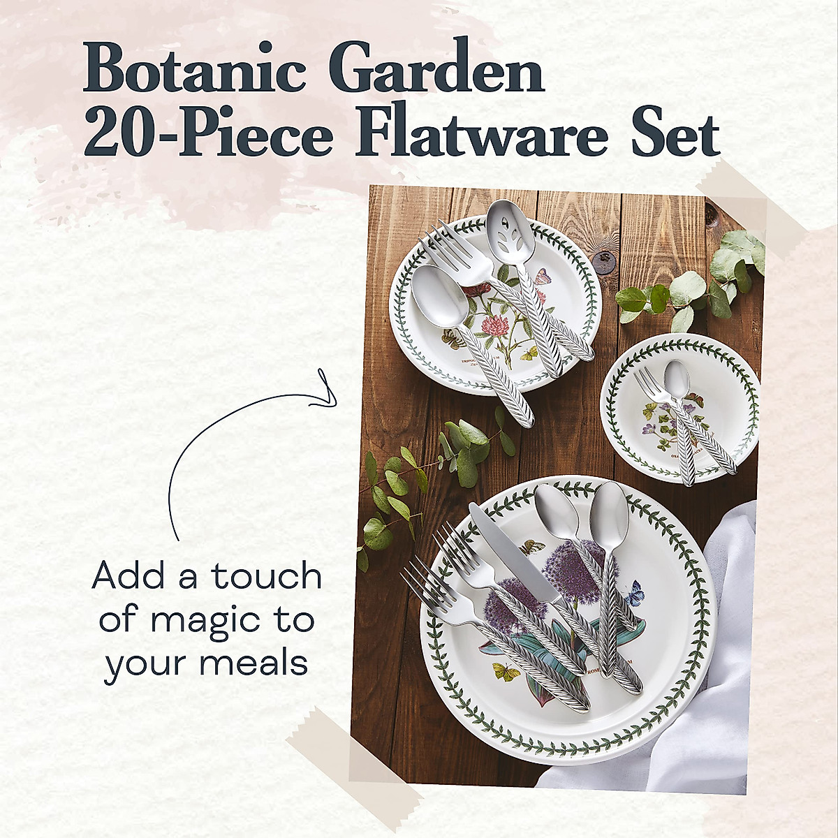 Portmeirion Botanic Garden Flatware Set Service for 4 | Utensil Sets - Dishwasher Safe | Silverware Sets - 18/10 Stainless Steel | Cutlery Set with Triple Leaf Detailing | 20 Piece Set