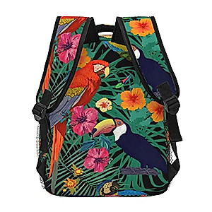 School Backpack Daypack Toucan Bird Parrot Tropical Plant School Bookbag College Laptop Backpack Casual Travel Bag Fashion Hiking Camping Daypack For Teens Women Men