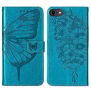 Compatible for iPhone 8 Wallet Case,iPhone 7 Case,iPhone SE 2022 Case,iPhone SE 2020 Case,6/6S Case,[Kickstand][Wrist Strap][Card Holder Slots] Butterfly Floral Embossed PU Leather Flip Cover (Blue)