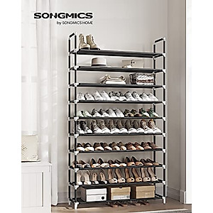 SONGMICS 10-Tier Shoe Rack, Storage Storage Organizer, Holds up to 50 Pairs, Metal Frame, Non-Woven Fabric, for Living Room, Hallway, 39.4 x 11 x 68.9 Inches, Black ULSH11H