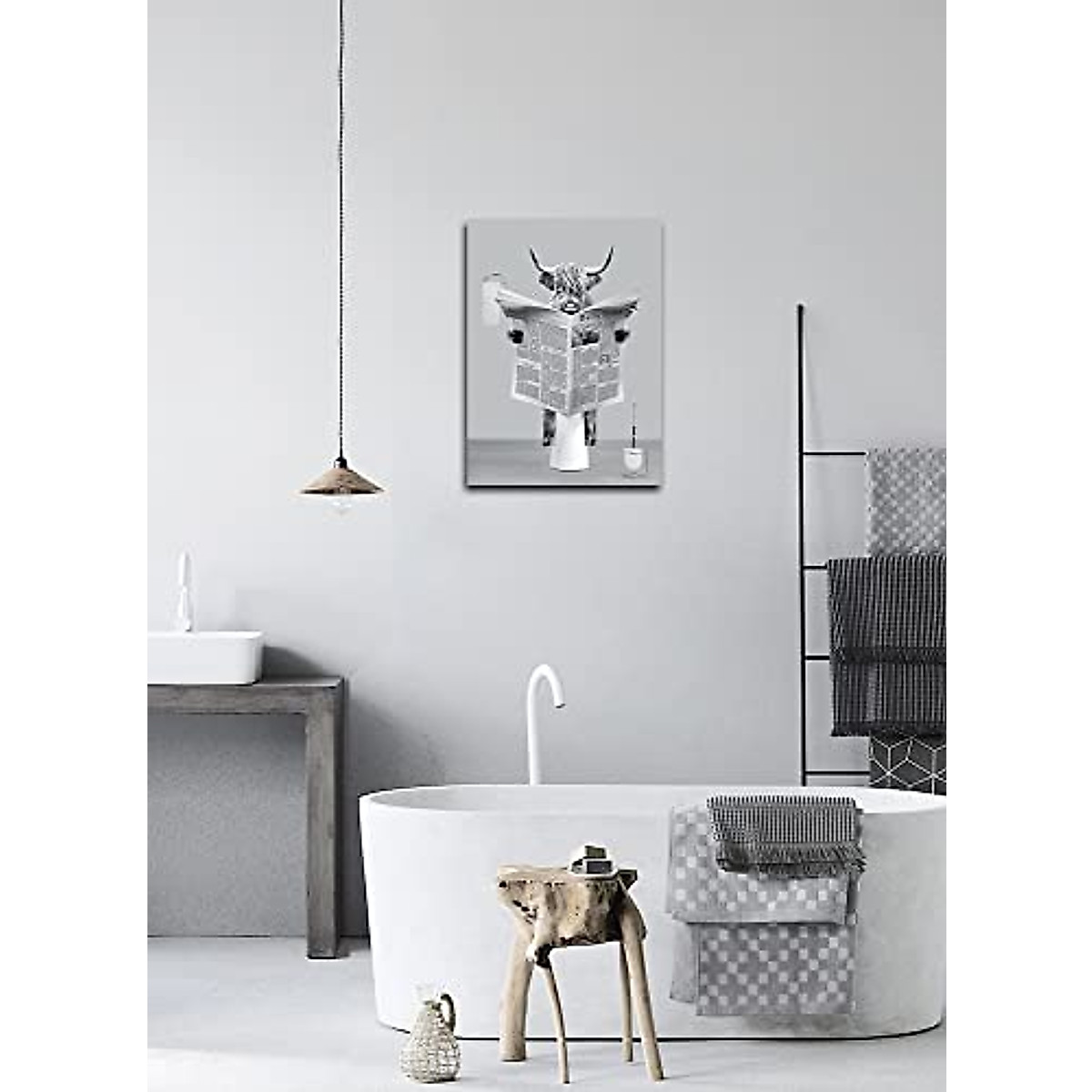 Yaoliyu Bathroom Decor Highland Cow Wall Art,Cow Reading Newspaper on Toilet Canvas Prints Black and White Cow Picture Funny Farmhouse Wall Decor Stretched and Framed Ready to Hang 12x16inch