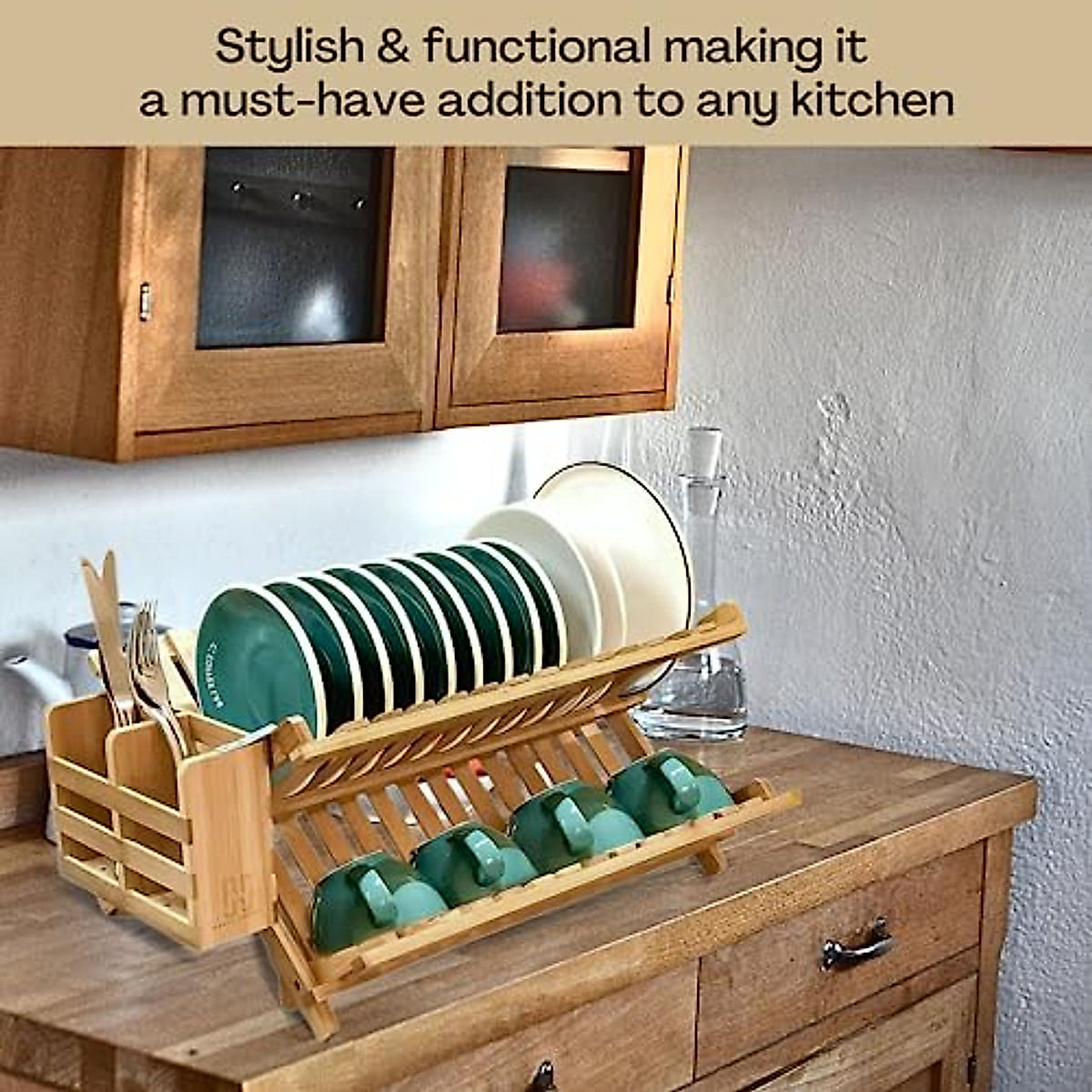 Collapsible Bamboo Dish Drying Rack with Utensil Holder - Convenient Kitchen Storage Solution for Dish Drainer and Messy Countertops