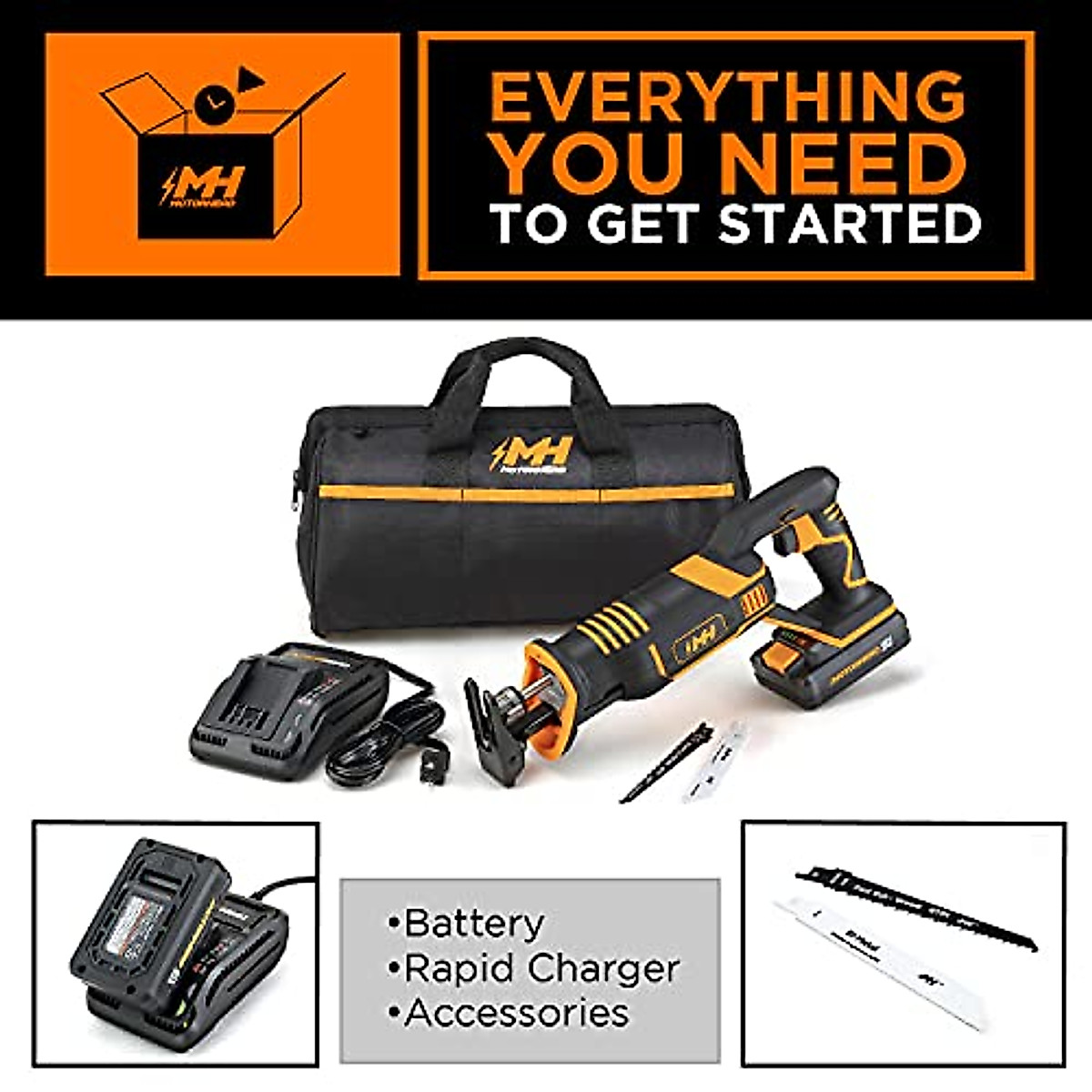 MOTORHEAD 20V ULTRA Cordless Reciprocating Saw, Lithium-Ion, Tool-Free Blade Change & Guard, 1” Stroke, 0-3000 SPM, Variable Speed Trigger, 2Ah Battery, Quick Charger, Bag, 2 Blades, USA-Based