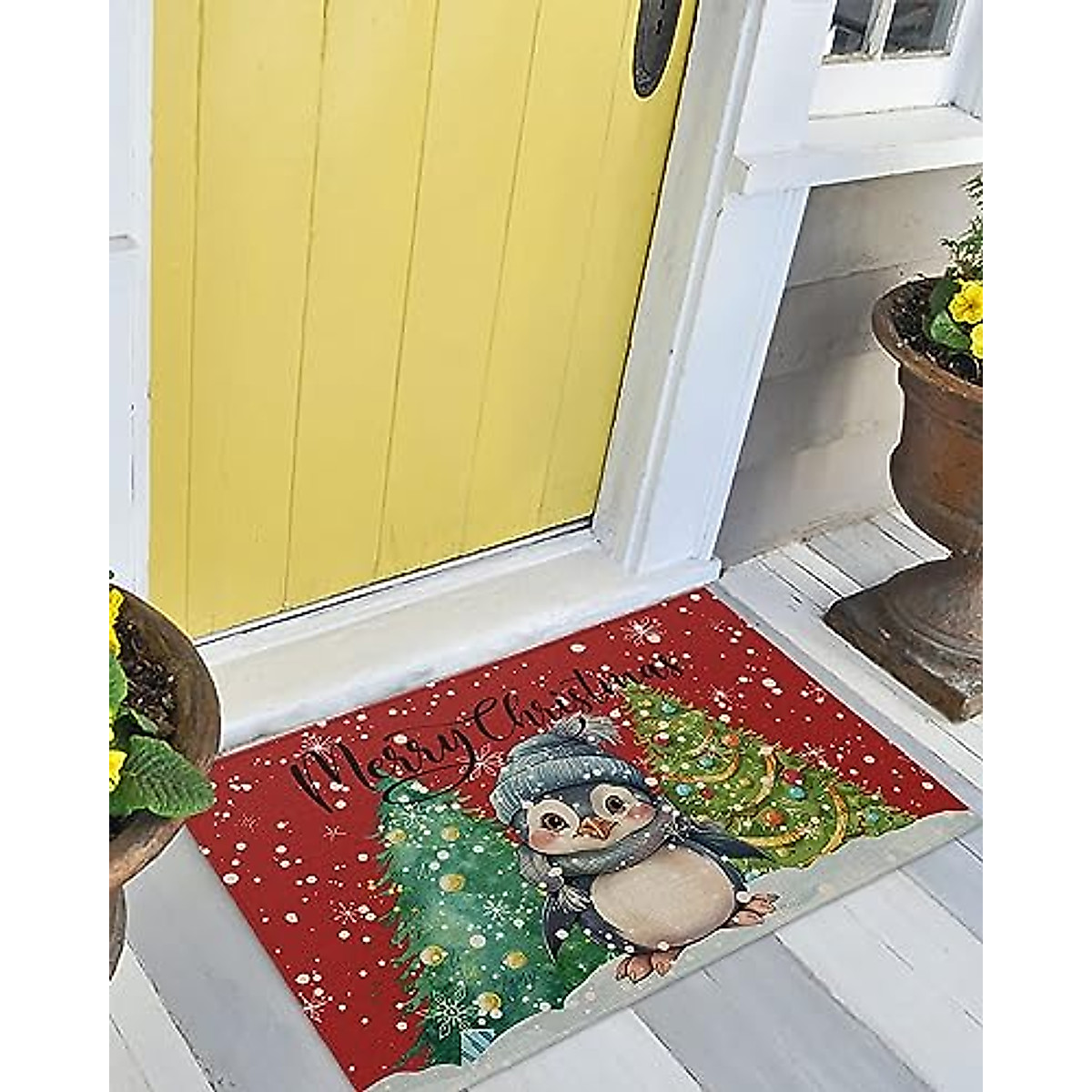Kitchen Rug,Penguins Merry Christmas Tree Non Slip Doormat Absorbent Carpet,Winter Snowflakes Red Back Front Door Mat Washable Floor Mat for Bathroom Bedroom Entryway 20x32in
