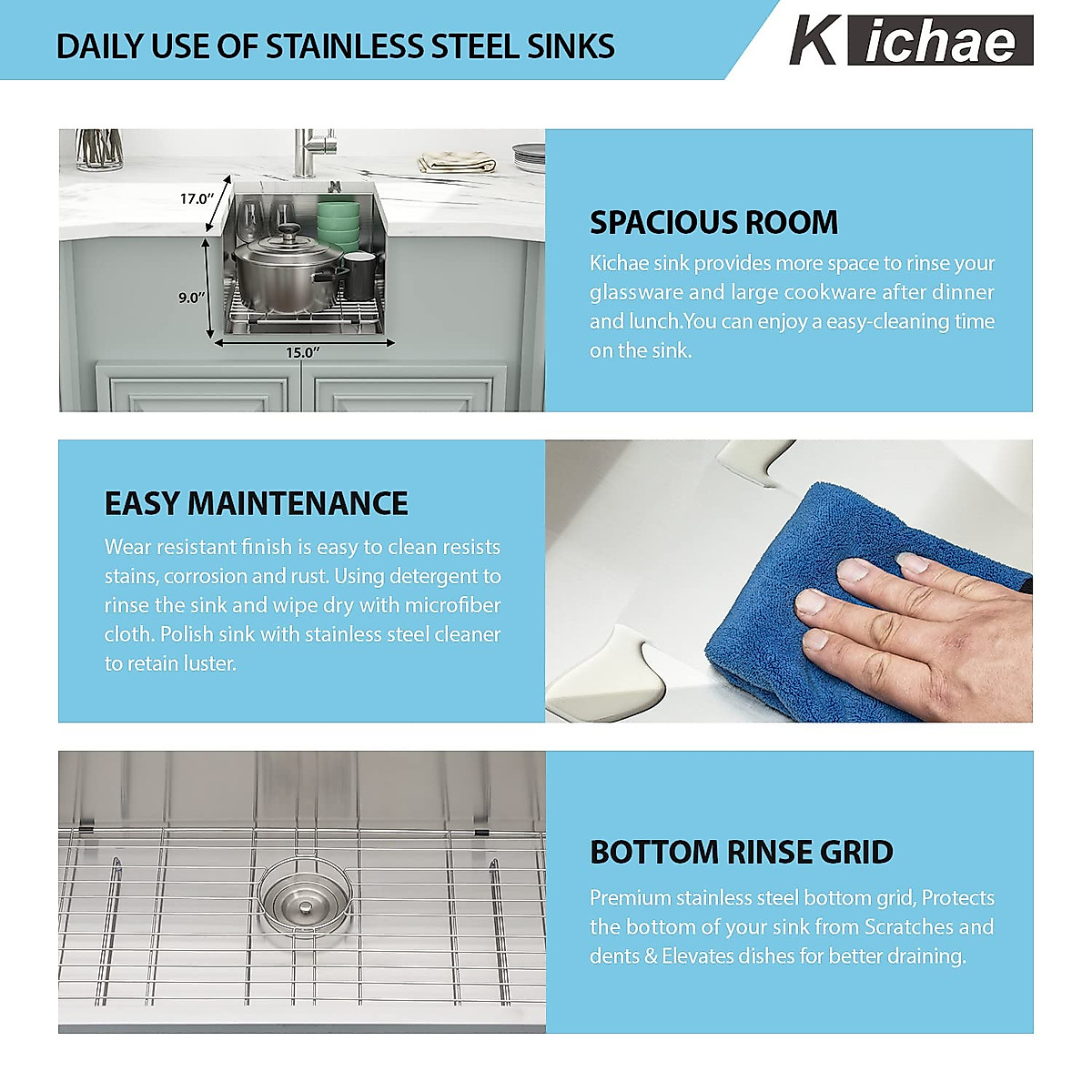 Kichae 15x17 Inch Stainless Steel Bar Prep Sink Undermount Single Bowl 16 Gauge Stainless Steel RV Kitchen Sink Round Corner Sink