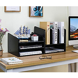 PAG Wood Desktop File Organizer Mail Sorter Magazine Rack Paper Holder Telephone Stand with Adjustable Drawer, Black