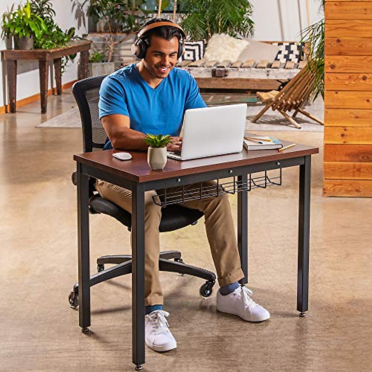 The Office Oasis Small Computer Desk with Cable Management Tray, 36in Length, Teak