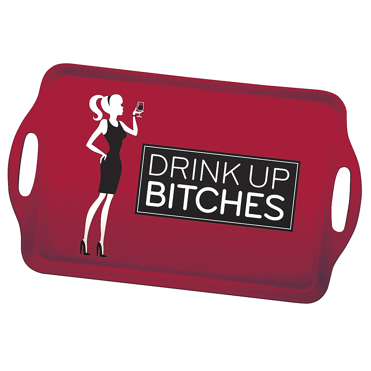 Chris's Stuff Wine Serving Tray with Handle 18.8 x 11.8 Inch - 100% Melamine Food Safe (Drink Up Bitches)