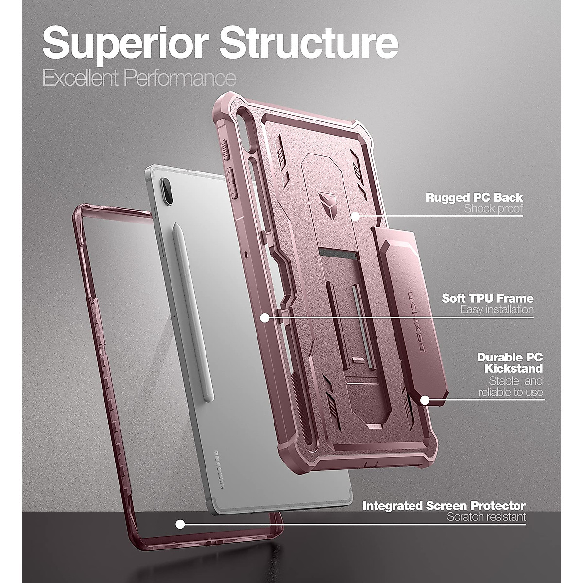 Dexnor Case for Samsung Galaxy Tab S8+ Plus(2022)/Galaxy Tab S7+ Plus (2020) 12.4 Inch, [Built in Screen Protector & Kickstand] with Pen Holder Heavy Duty Shockproof Full Body Protective Cover-Pink