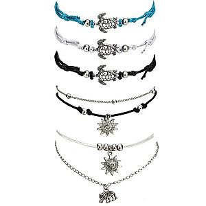 Suyi 5Pcs Beach Turtle Anklet Boho Handmade Adjustable Anklet Layered Rope Anklet Foot Chain for Women 5P
