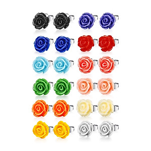 LOYALLOOK 12 Pairs Assorted Colors Resin Rose Flower Earring Studs Set Stainless Steel Post,Nickel-free 10MM
