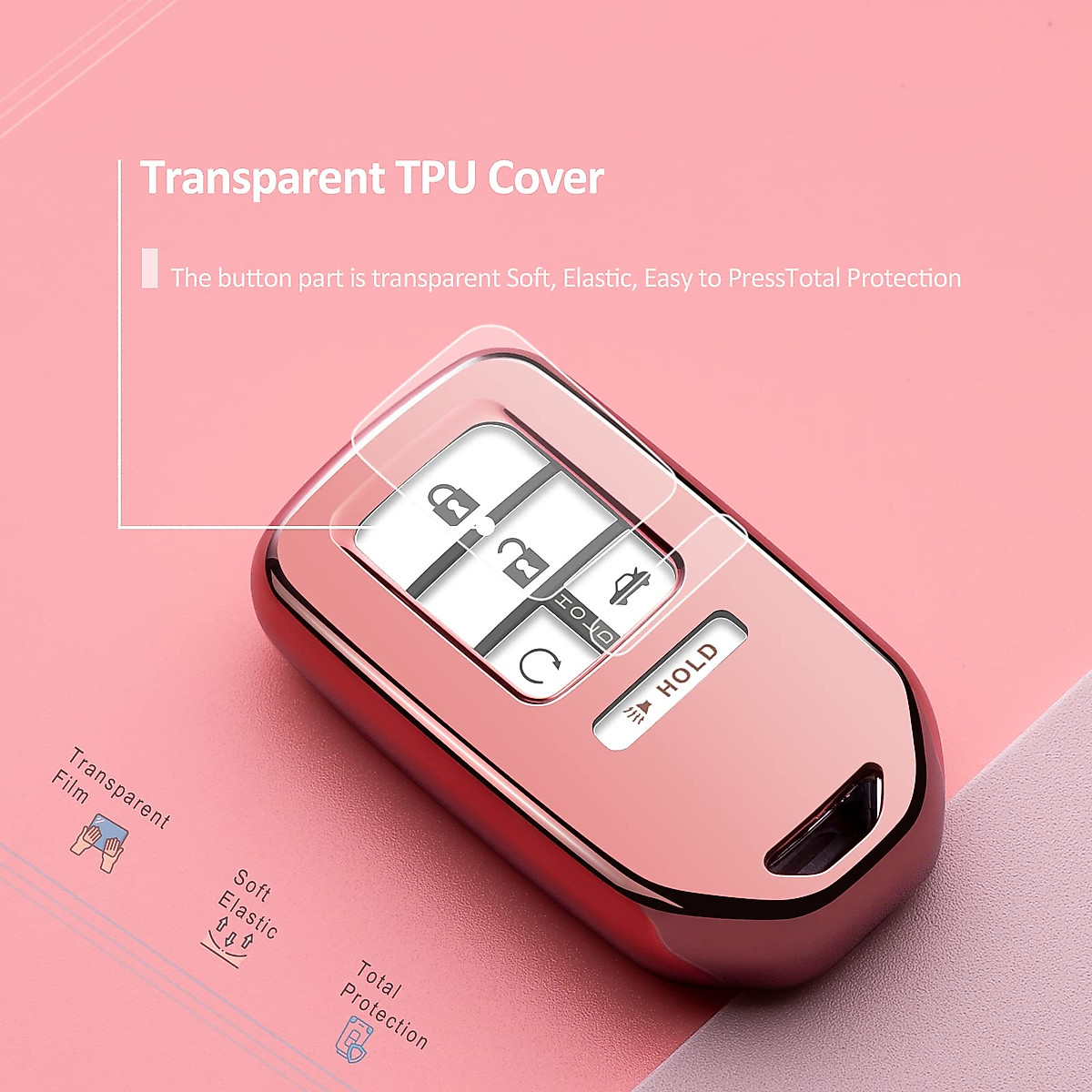 ZSPDACC Compatible with Honda Key Fob Cover Pink TPU Car Key case Holder Key Chain Protector Compatible with Civic Accord Pilot Odyssey CR-V Clarity HR-V Insight Passport Ridgeline Accessories
