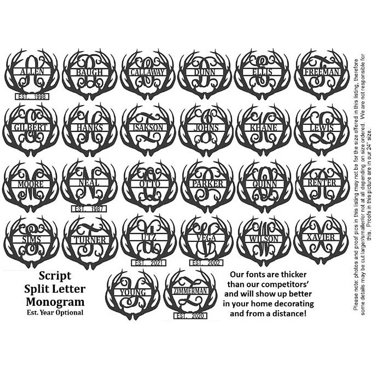 PK Décor Deer Antler Decor with Family Last Name with Established Year, Metal ACM Buck Antlers Sign Gift, Rustic Initial Monogram Door Hanger, QUICK Ship (Split Letter Established Year)