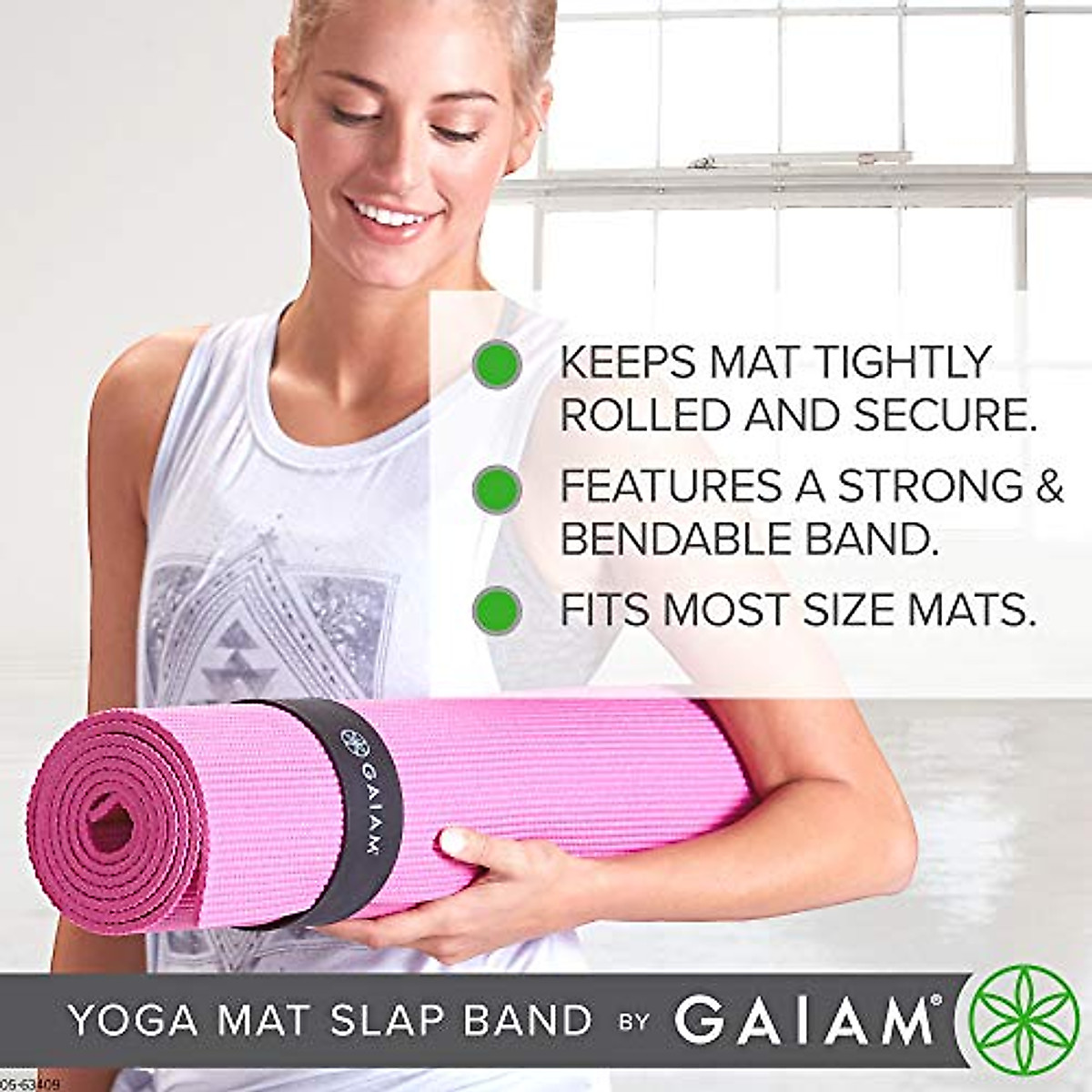 Gaiam Yoga Mat Strap Slap Band - Keeps Your Mat Tightly Rolled and Secure, Fits Most Size Mats (20"L x 1.5"W), Black