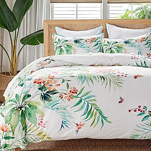 Levtex Home - Hummingbird Grove Duvet Cover Set - King Duvet Cover (106 x 94in.) + Two King Pillow Cases (36 x 20in.) - Green, Teal, Coral, Fucshia and White - Cotton